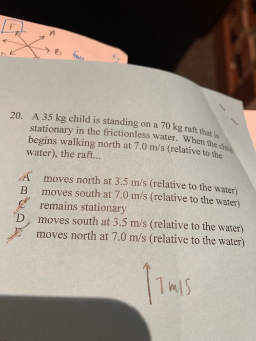 Solved 20. A 35 kg child is standing on a 70 kg raft | Chegg.com