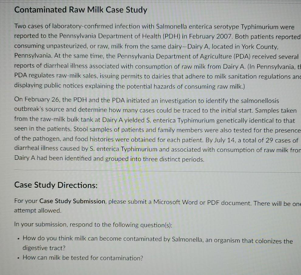 Solved Contaminated Raw Milk Case Study Two cases of | Chegg.com