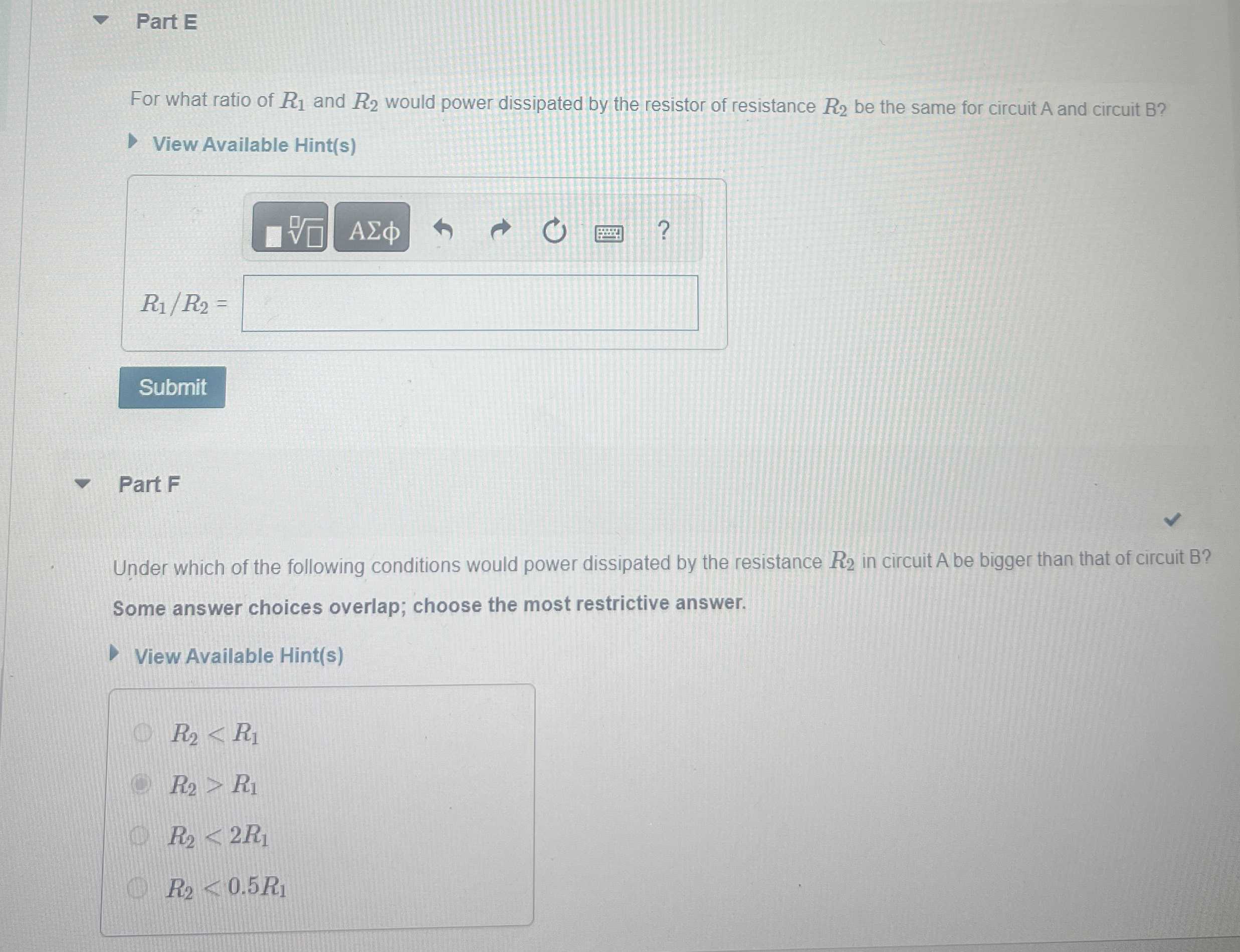 Part EFor what ratio of R1 ﻿and R2 ﻿would power | Chegg.com