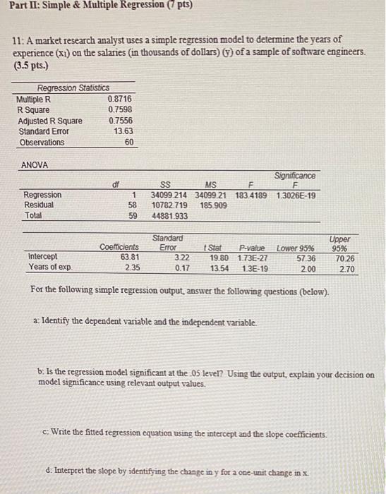 Solved Part II: Simple & Multiple Regression ( pts) 11: A | Chegg.com
