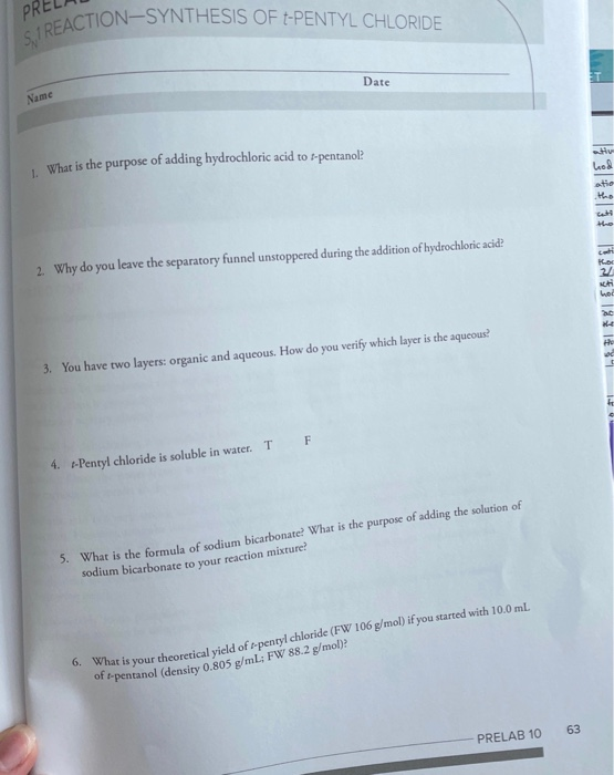 Solved PRELAL ACTION-SYNTHESIS OF T-PENTYL CHLORIDE ST | Chegg.com