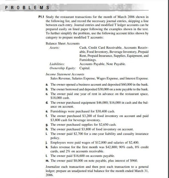 Solved PROBLEMS P1.1 Study the restaurant transactions for | Chegg.com