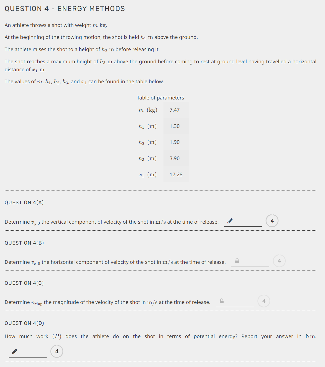 Solved QUESTION 4 - ﻿ENERGY METHODSAn athlete throws a shot | Chegg.com