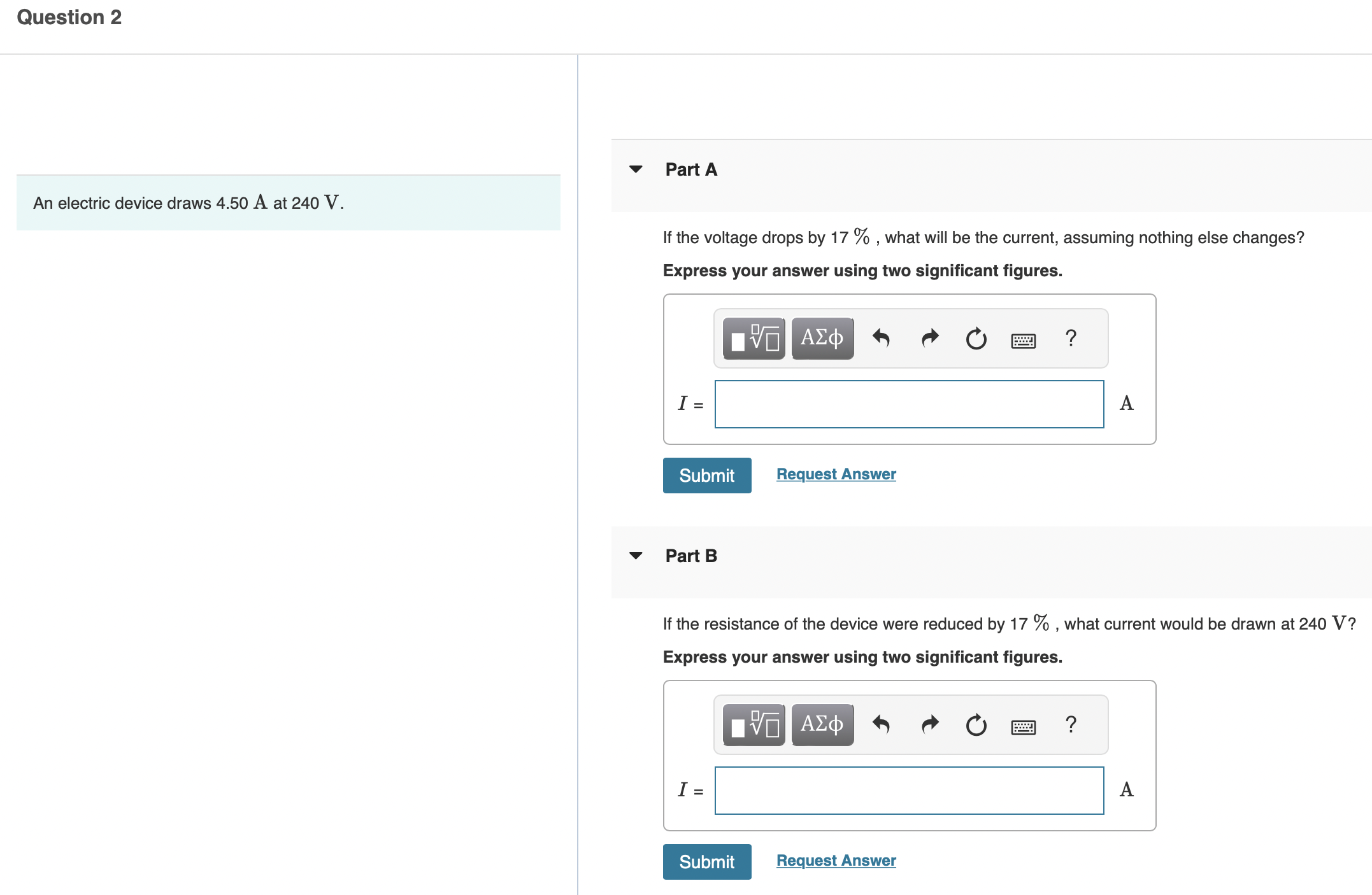 Solved Question 2An electric device draws 4.50A ﻿at | Chegg.com