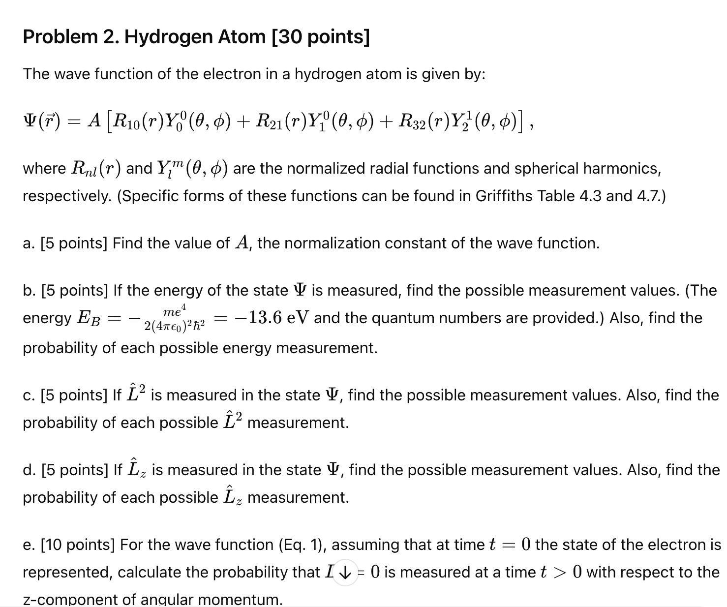 Solved Problem 2. ﻿Hydrogen Atom [30 ﻿points]The wave | Chegg.com