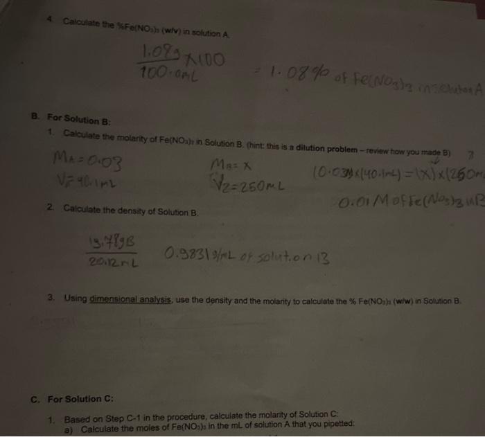 Solved 4. Calculate the \%Fe(NO) (w/v) in solution A. B. For | Chegg.com