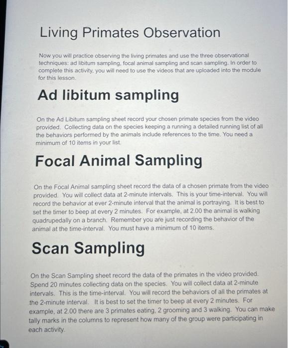 Living Primates Observation Now you will practice | Chegg.com