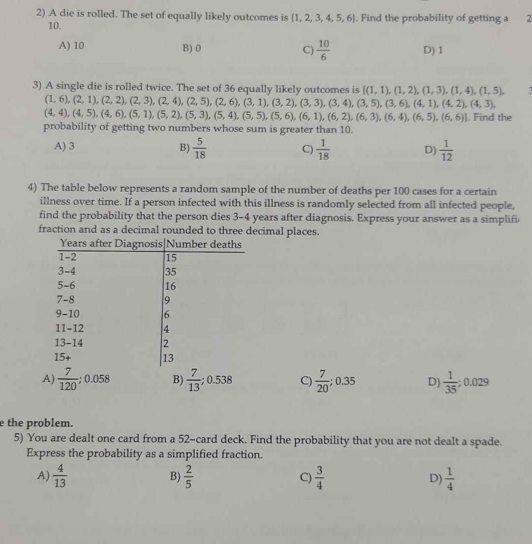Solved 2) A die is rolled. The set of equally likely | Chegg.com