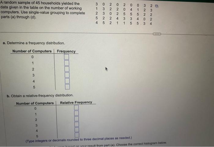 Solved A random sample of 45 households yielded the data | Chegg.com