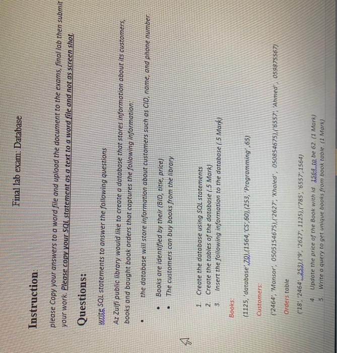 Solved Final lab exam Database Instruction: please Copy your | Chegg.com