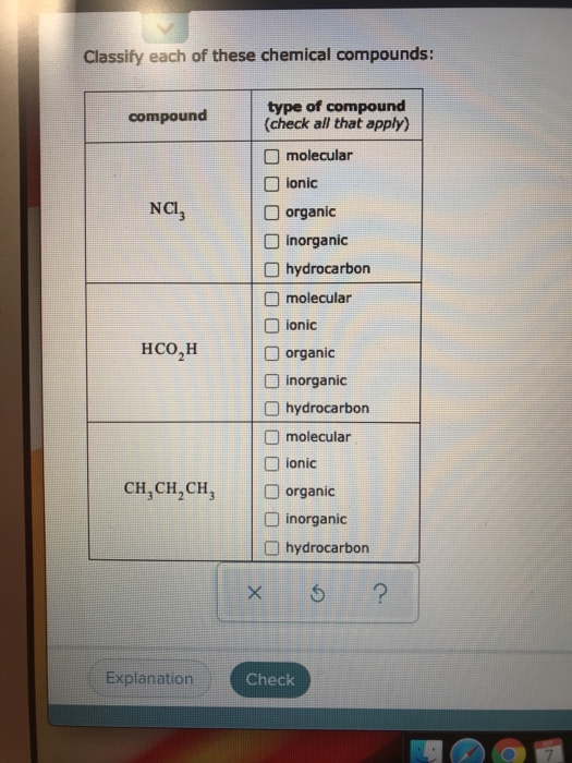 Solved Classify each of these chemical compounds: compound | Chegg.com