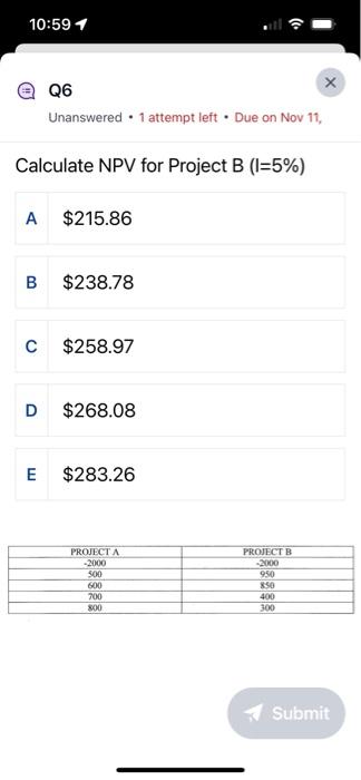 Solved Calculate NPV for Project B (I=5%) | Chegg.com