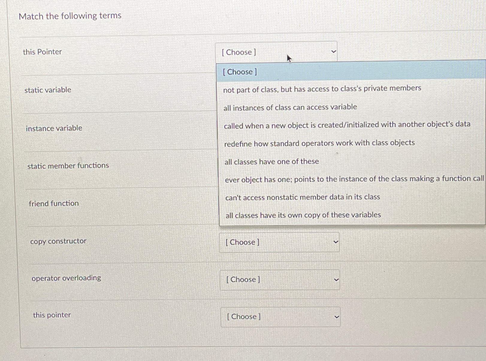Solved Match the following termsthis Pointerstatic | Chegg.com