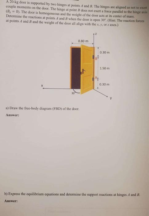 Solved A 20−kg door is supported by two hinges at points A | Chegg.com