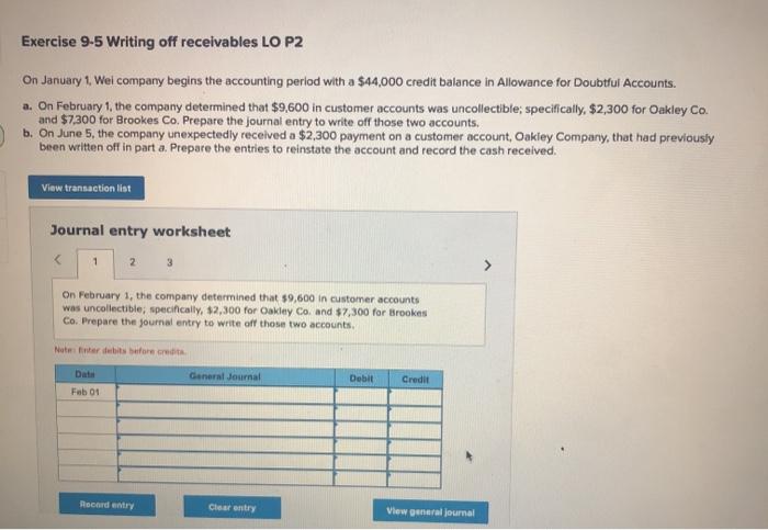 Solved Exercise 9-5 Writing off receivables LO P2 On January | Chegg.com