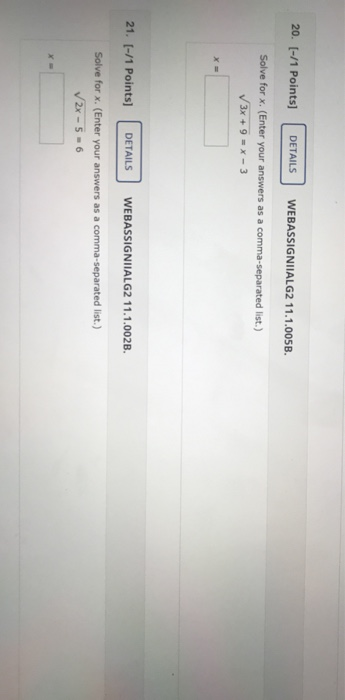 Solved 20. [-/1 Points] DETAILS WEBASSIGNIIALG2 11.1.005B. | Chegg.com