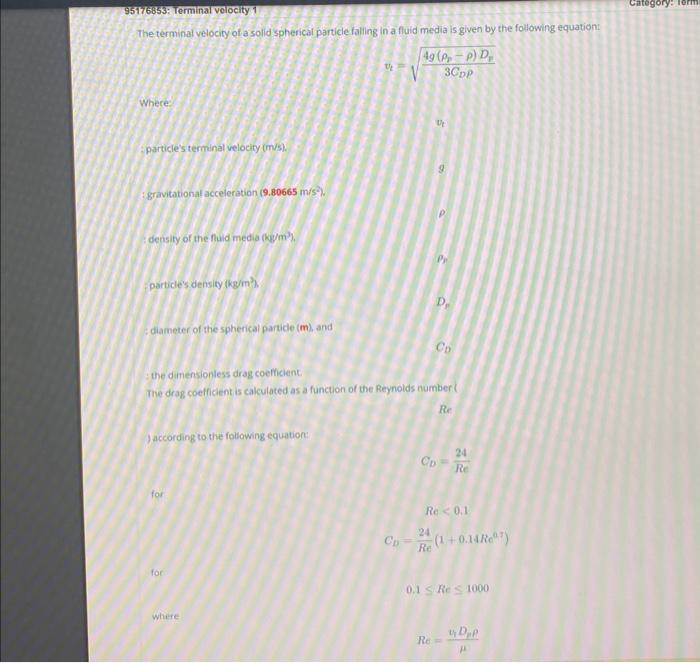 Solved The terminal velocity of a solid sphericat particle | Chegg.com