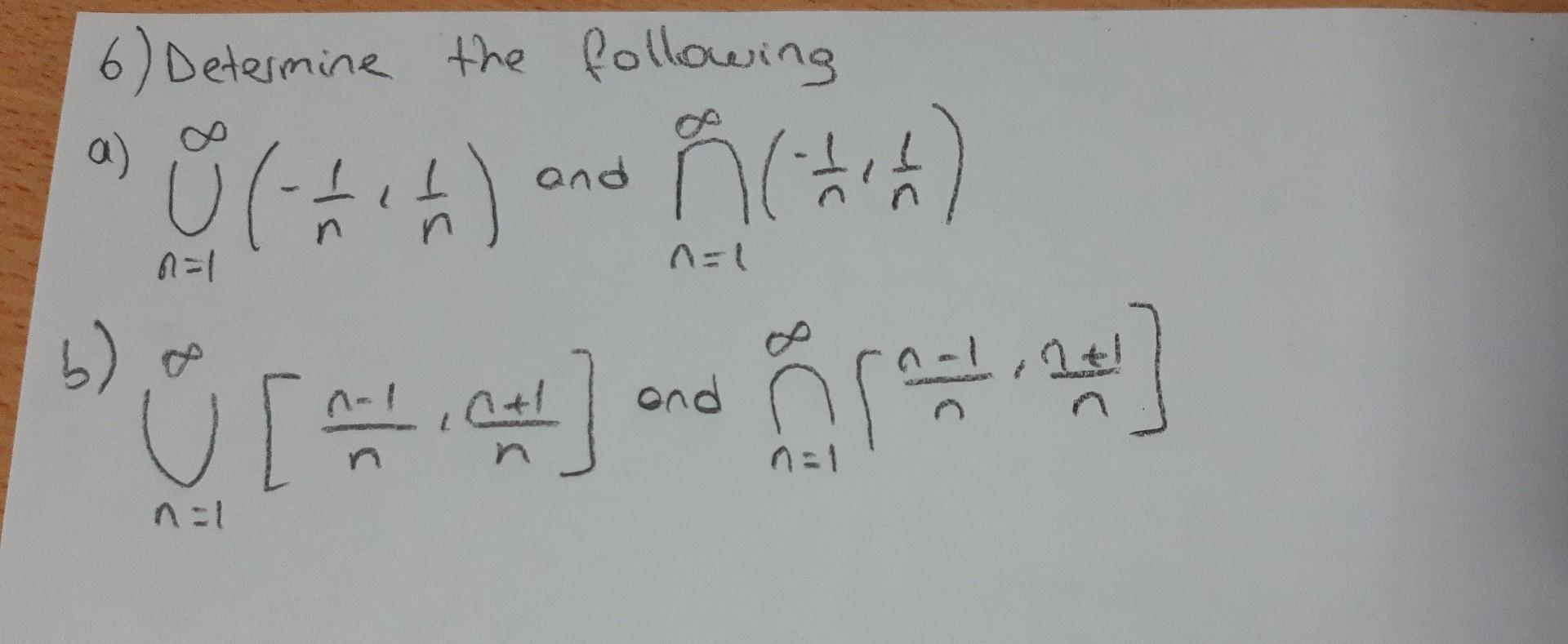 Solved 6) Determine the following a) ⋃n=1∞(−n1,n1) and | Chegg.com