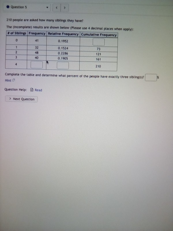 Solved Question 5 210 people are asked how many siblings | Chegg.com