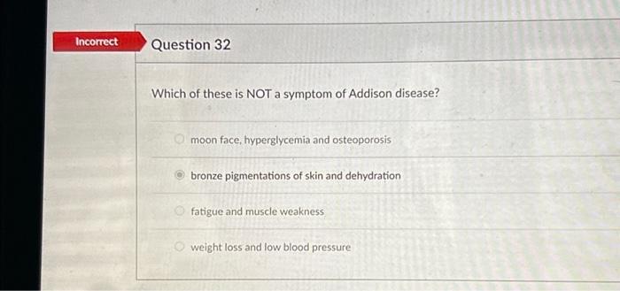 Which of these is NOT a symptom of Addison disease? | Chegg.com