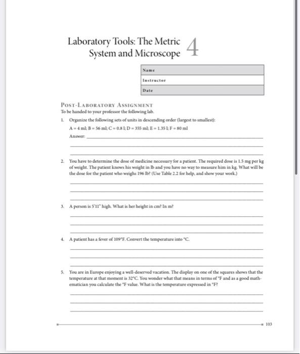 Solved Laboratory Tools: The Metric System and Microscope 4 | Chegg.com