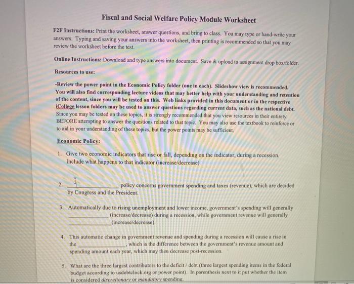 Solved Fiscal and Social Welfare Policy Module Worksheet F2F | Chegg.com