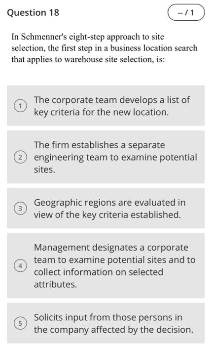 Solved In Schmenner's eight-step approach to site selection, | Chegg.com