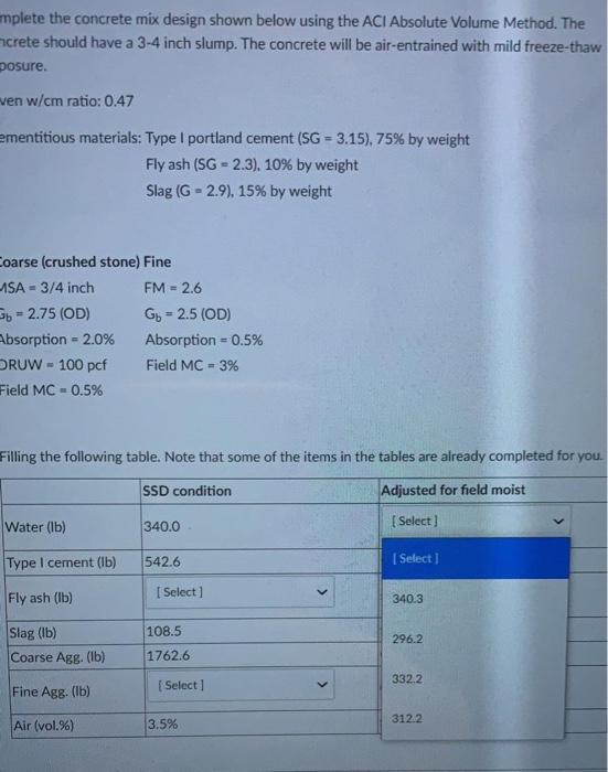 Solved Complete the concrete mix design shown below using | Chegg.com