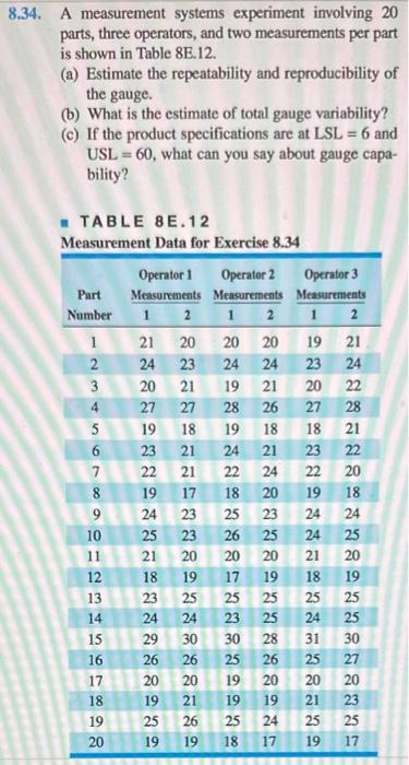 Solved 8.34. A measurement systems experiment involving 20 | Chegg.com
