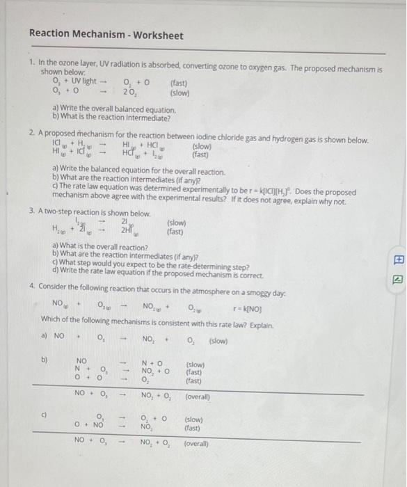 Solved Reaction Mechanism - Worksheet 1. In the ozone layer, | Chegg.com
