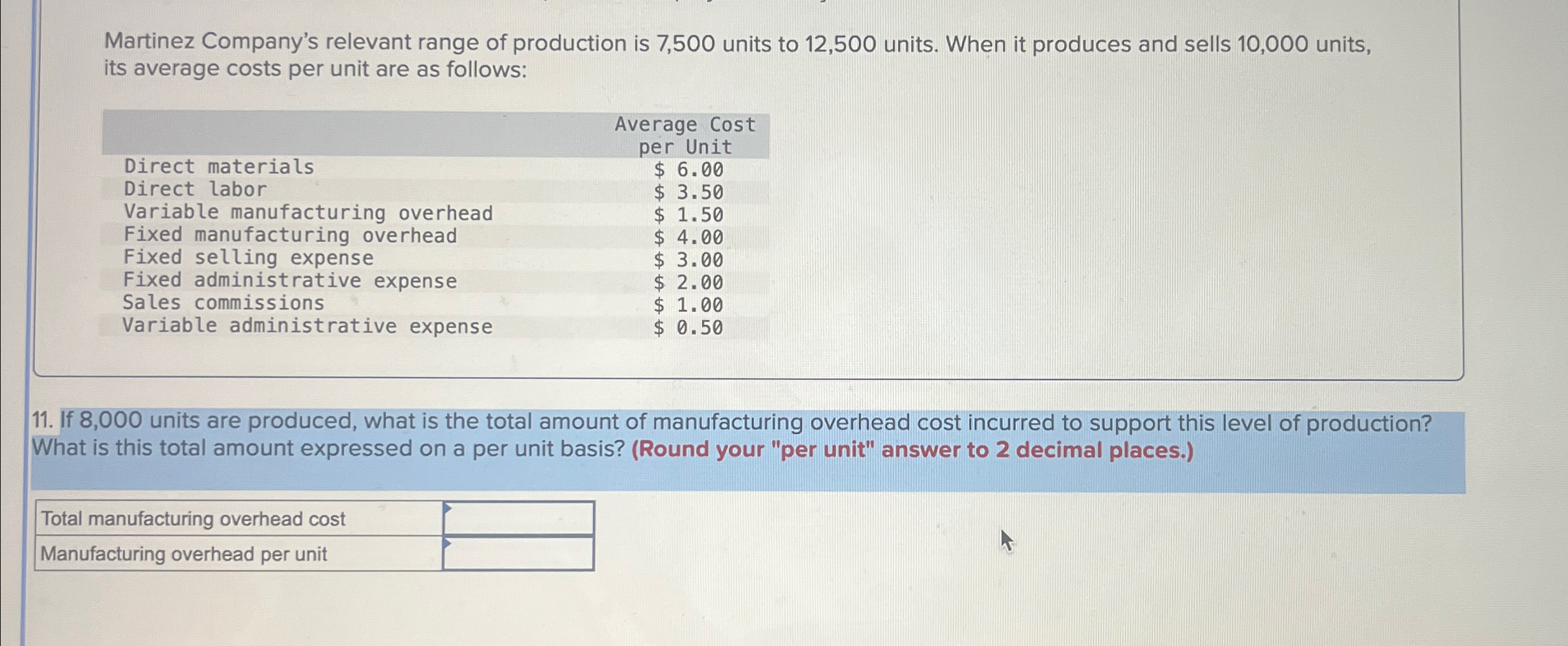 Solved Martinez Company's relevant range of production is | Chegg.com