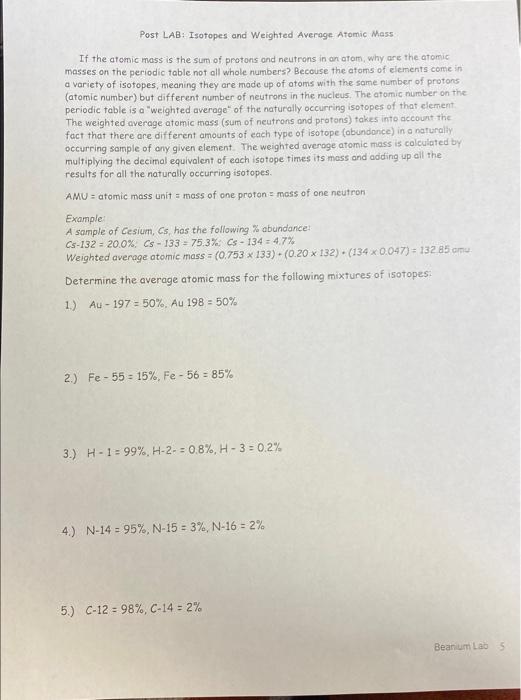 Solved Post LAB: Isotopes and Weighted Average Atomic Mass | Chegg.com