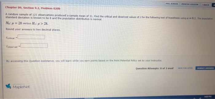 Solved FULL SCREEN PRINTER VERSION BACK Chapter 09, Section | Chegg.com