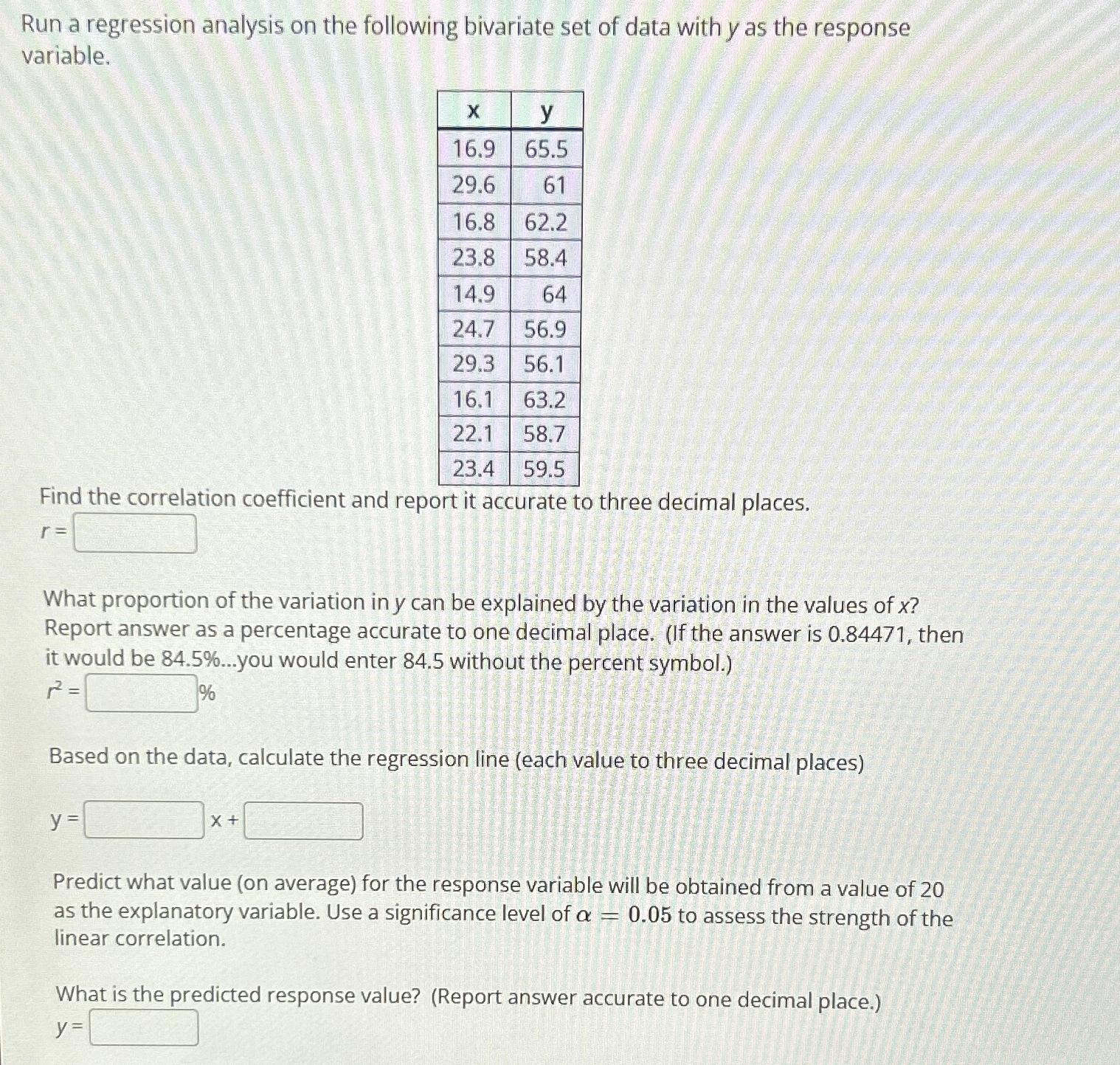 Solved Run a regression analysis on the follow bivariate set | Chegg.com