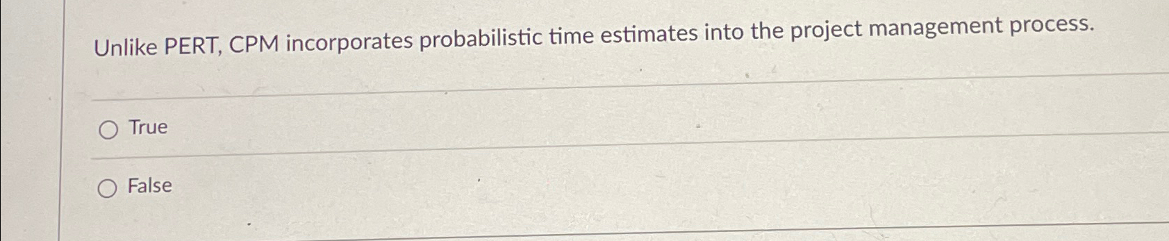 Solved Unlike PERT, CPM incorporates probabilistic time | Chegg.com