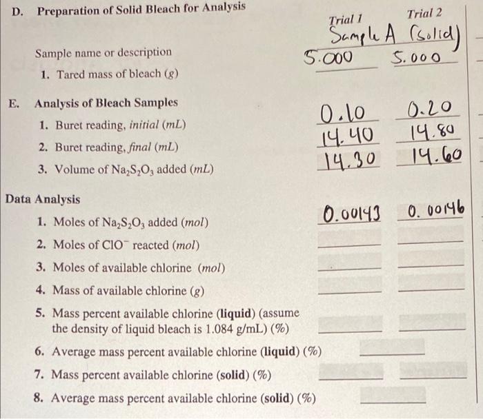 Solved D. Preparation of Solid Bleach for Analysis Sample | Chegg.com