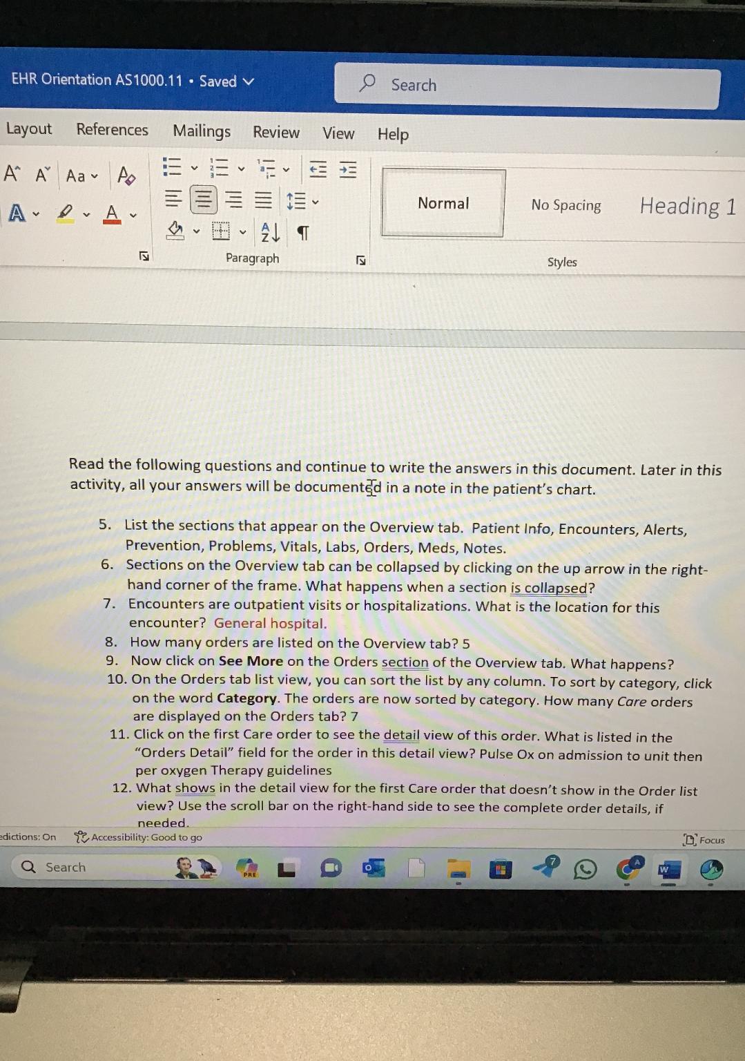 Solved EHR Orientation AS1000.11 * ﻿Saved SearchRead the | Chegg.com