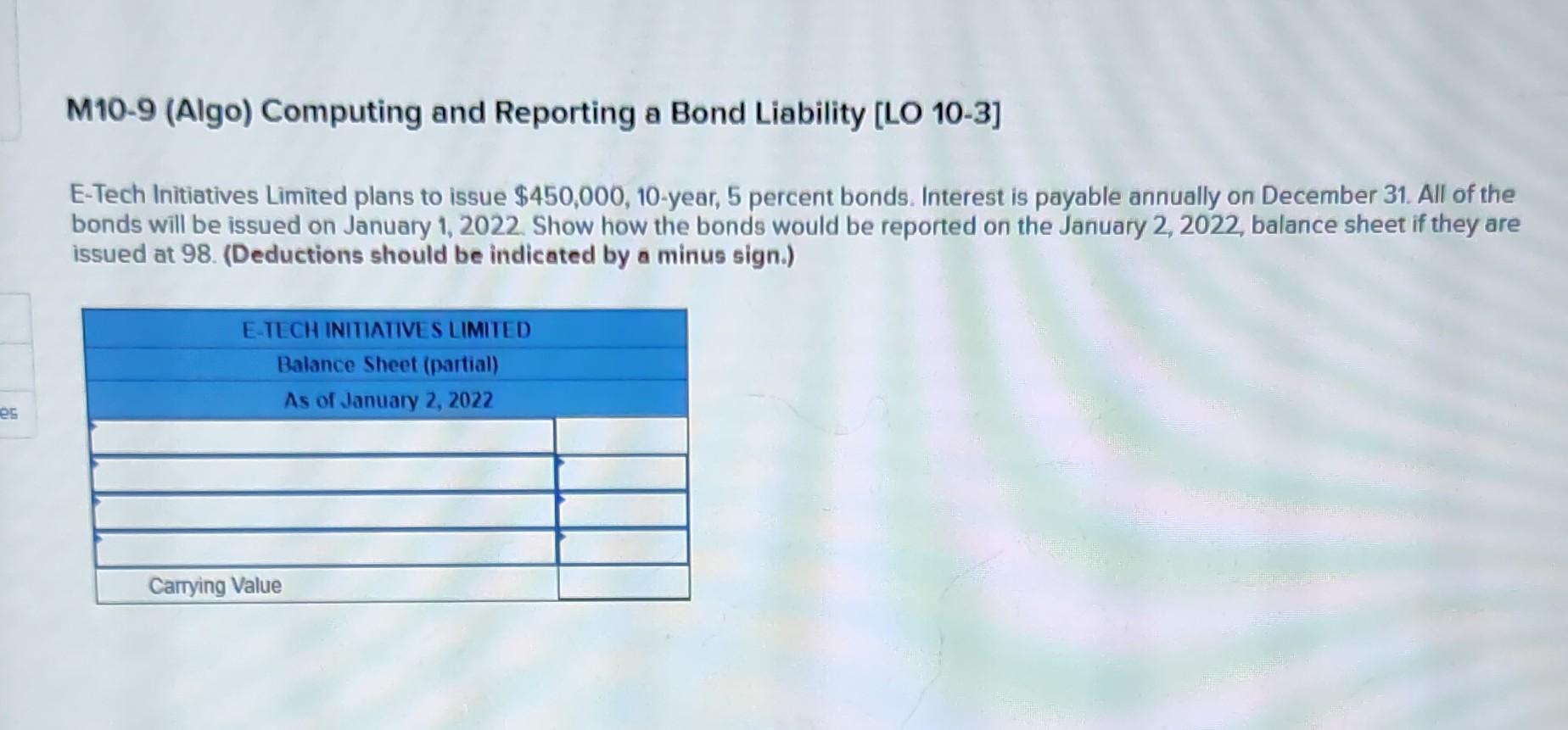 Solved M10-9 (Algo) Computing and Reporting a Bond Liability | Chegg.com