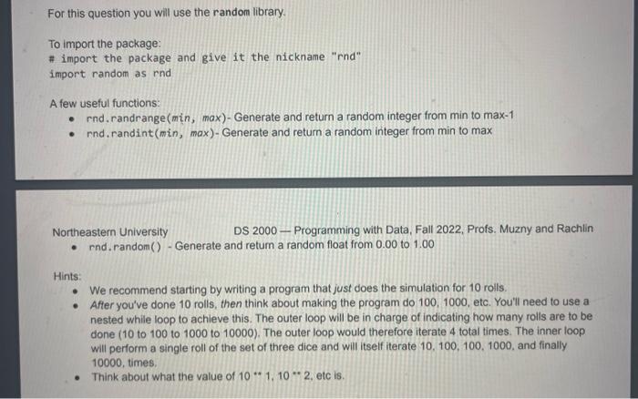 Solved Question 2 (simulation.py) For this program, you'll | Chegg.com