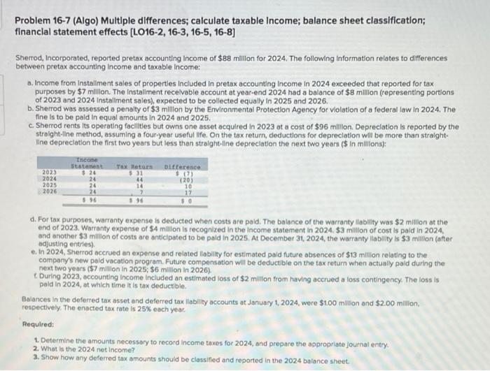 Solved Problem 16-7 (Algo) Multiple differences; calculate | Chegg.com
