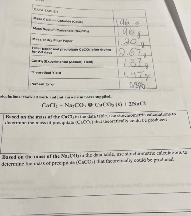 Solved CaCl2+Na2CO3⩾CaCO3( s)+2NaCl Based on the mass of the | Chegg.com