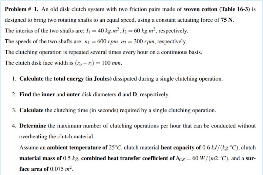 Solved Problem # 1. ﻿An old disk clutch system with two | Chegg.com