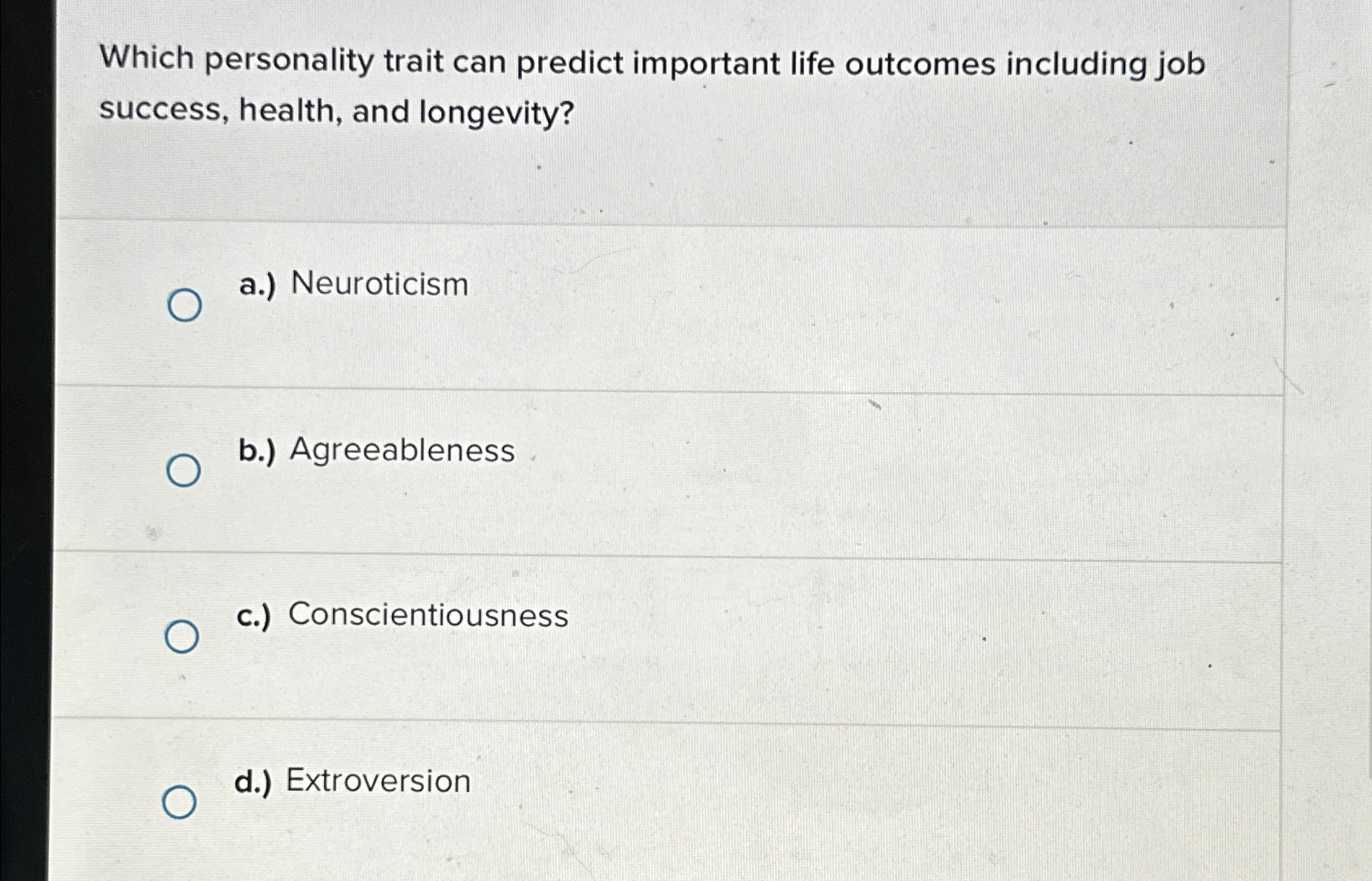 Solved Which personality trait can predict important life | Chegg.com
