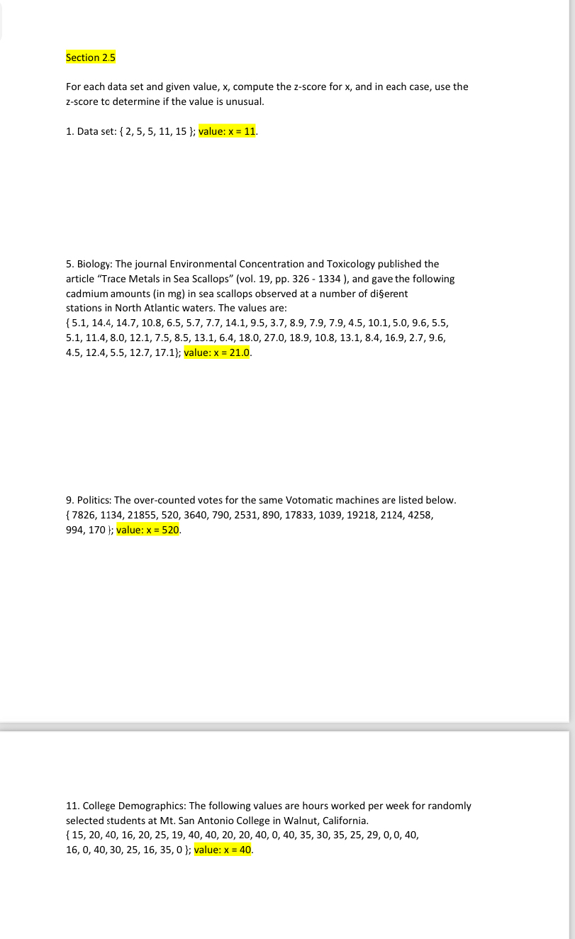 Solved For each data set and given value, x, ﻿compute the | Chegg.com
