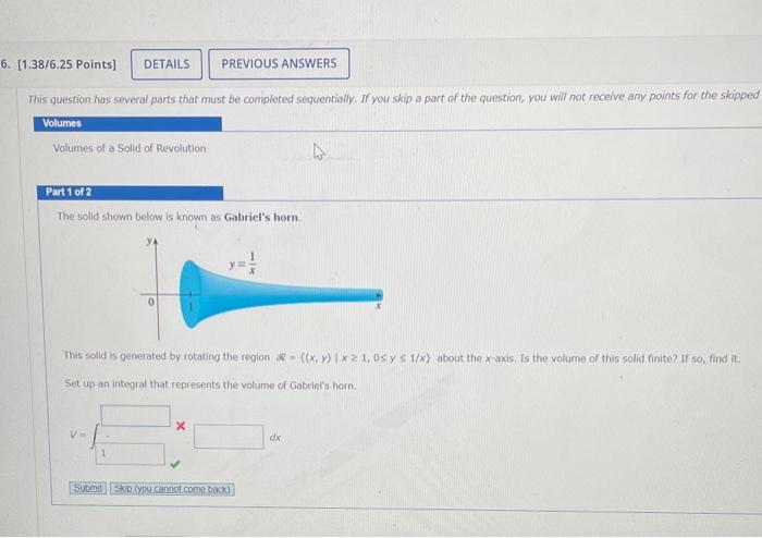 Solved Volumes of a Solid of Revolution Part of 2 The solid | Chegg.com