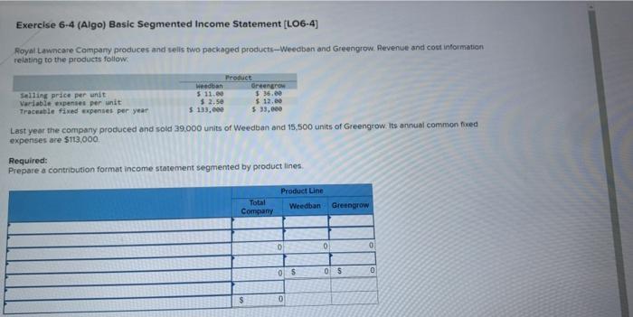 Solved Exercise 6-4 (Algo) Basic Segmented Income Statement | Chegg.com