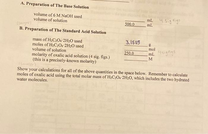 Solved B. Preparation of The Standard Acid Solution mass of | Chegg.com