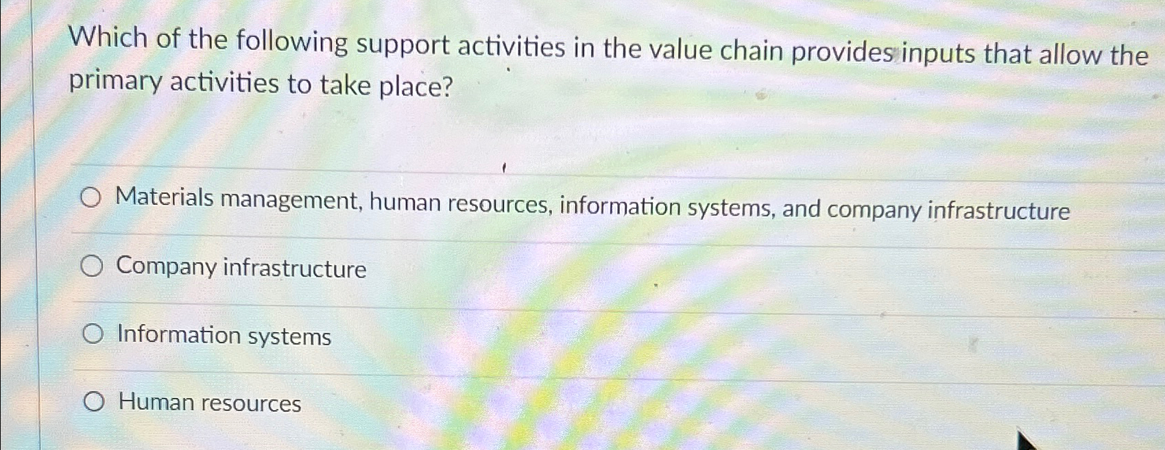 Solved Which of the following support activities in the | Chegg.com