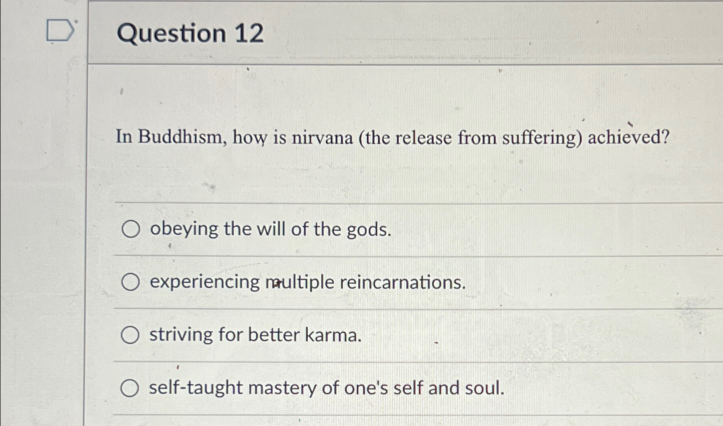 Solved Question 12In Buddhism, how is nirvana (the release | Chegg.com