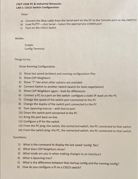 Solved CSET-2200 PC & Industrial Networks LAB 5: CISCO | Chegg.com